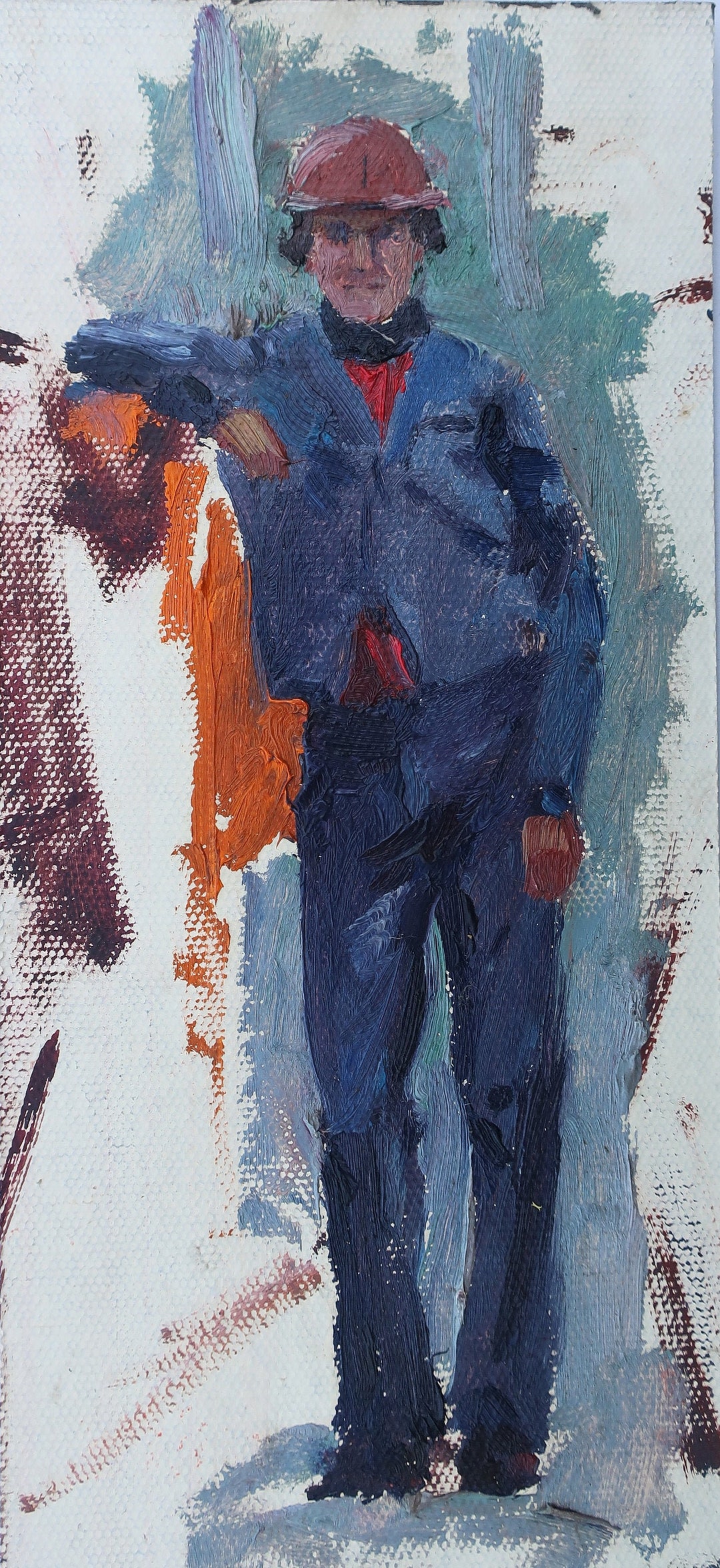 Portrait eines Arbeiters. Antikes Ölgemälde. original des Sorealismus ...