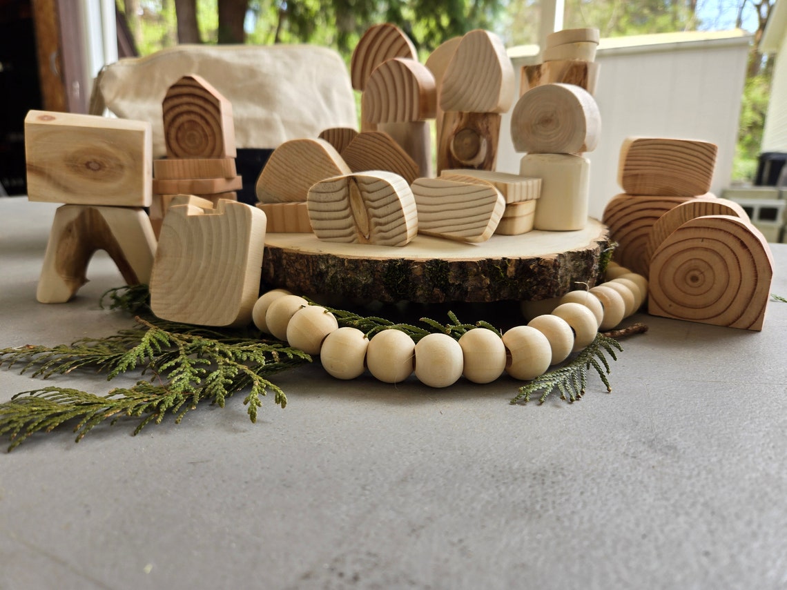 30 Natural Tree Blocks, Montessori Style Wooden Toy for Kids, Wooden ...