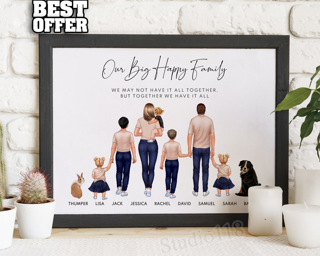Personalized Big Family Portrait With Kids and Pets, Custom Family ...