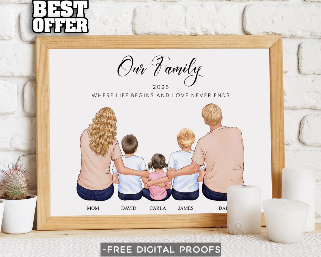 Sentimental Family Illustration Print - Custom People and Pets Portrait ...