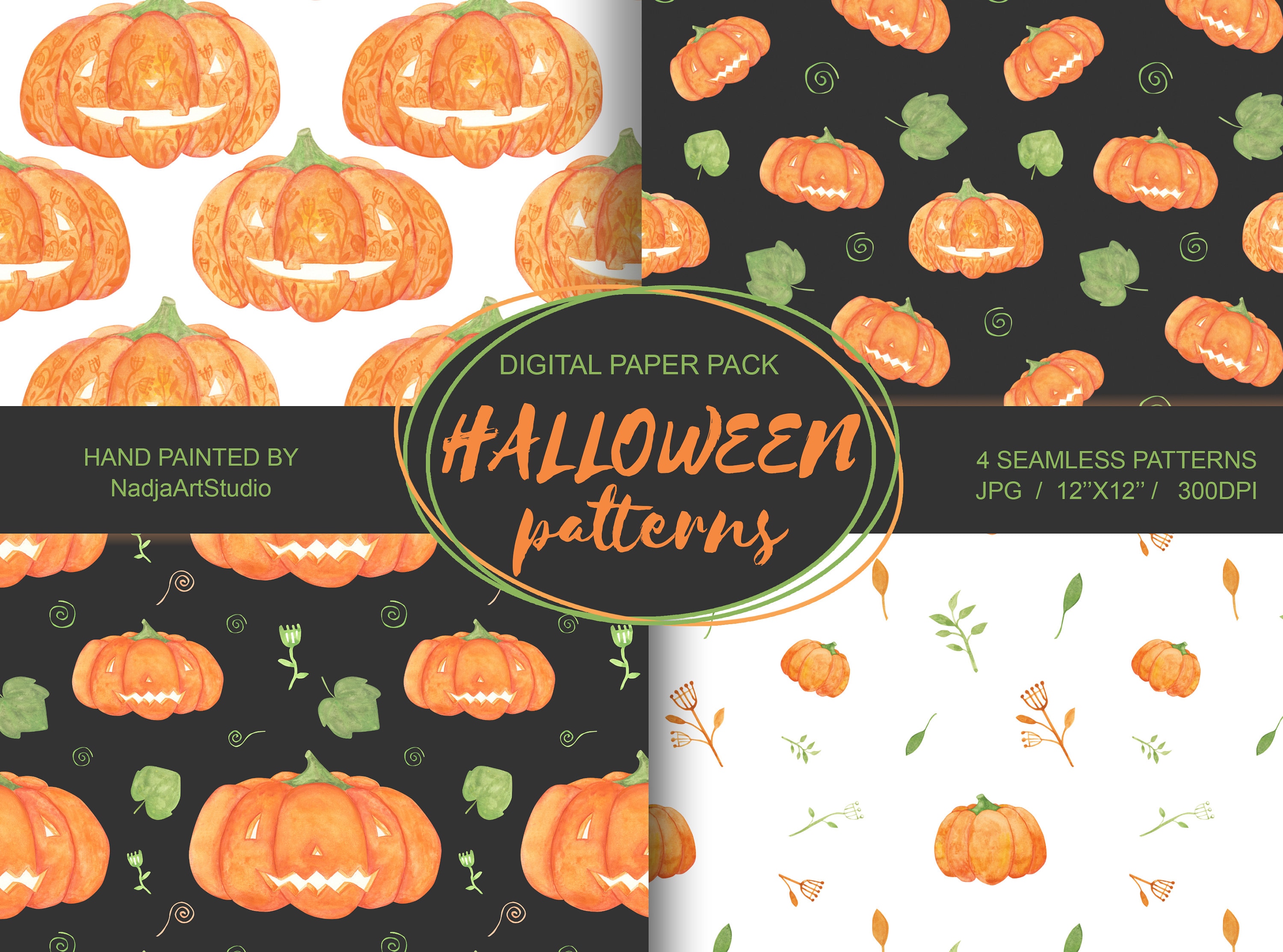 Halloween Digital Paper Pack Watercolor Pumpkin Instant - Etsy
