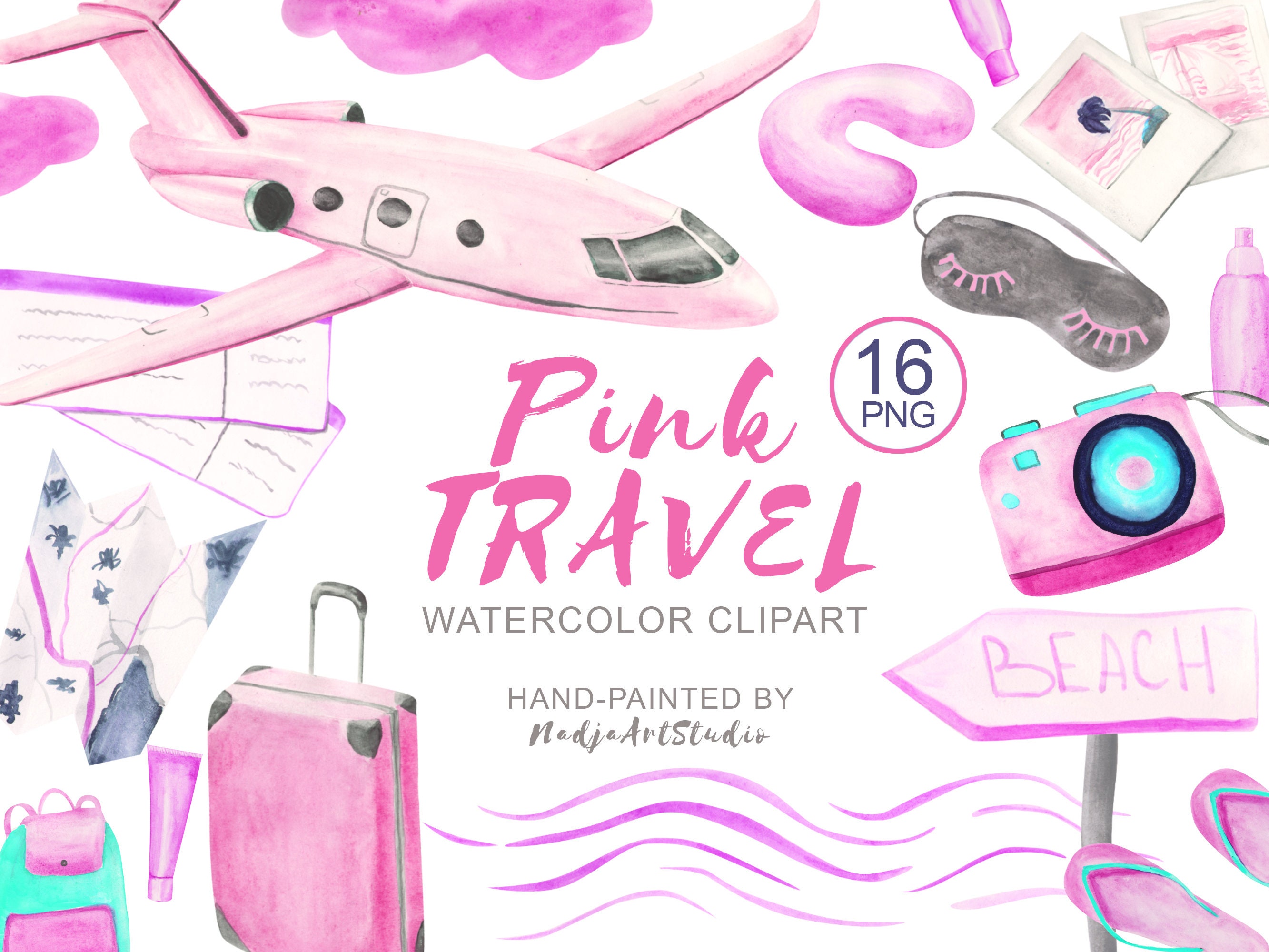 Pink Travel Clipart Instant Download Summer Clipart Beach - Etsy