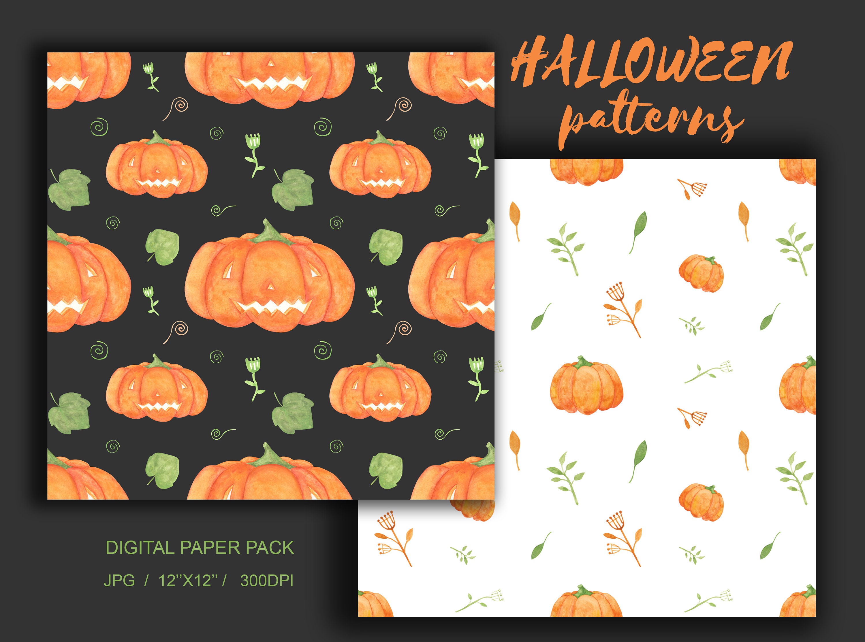 Halloween Digital Paper Pack Watercolor Pumpkin Instant - Etsy