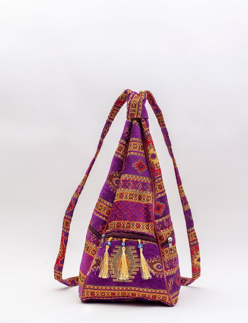 Kilim Fabric Backpack: Pear-shaped Turkish Bag With Tassels - Etsy
