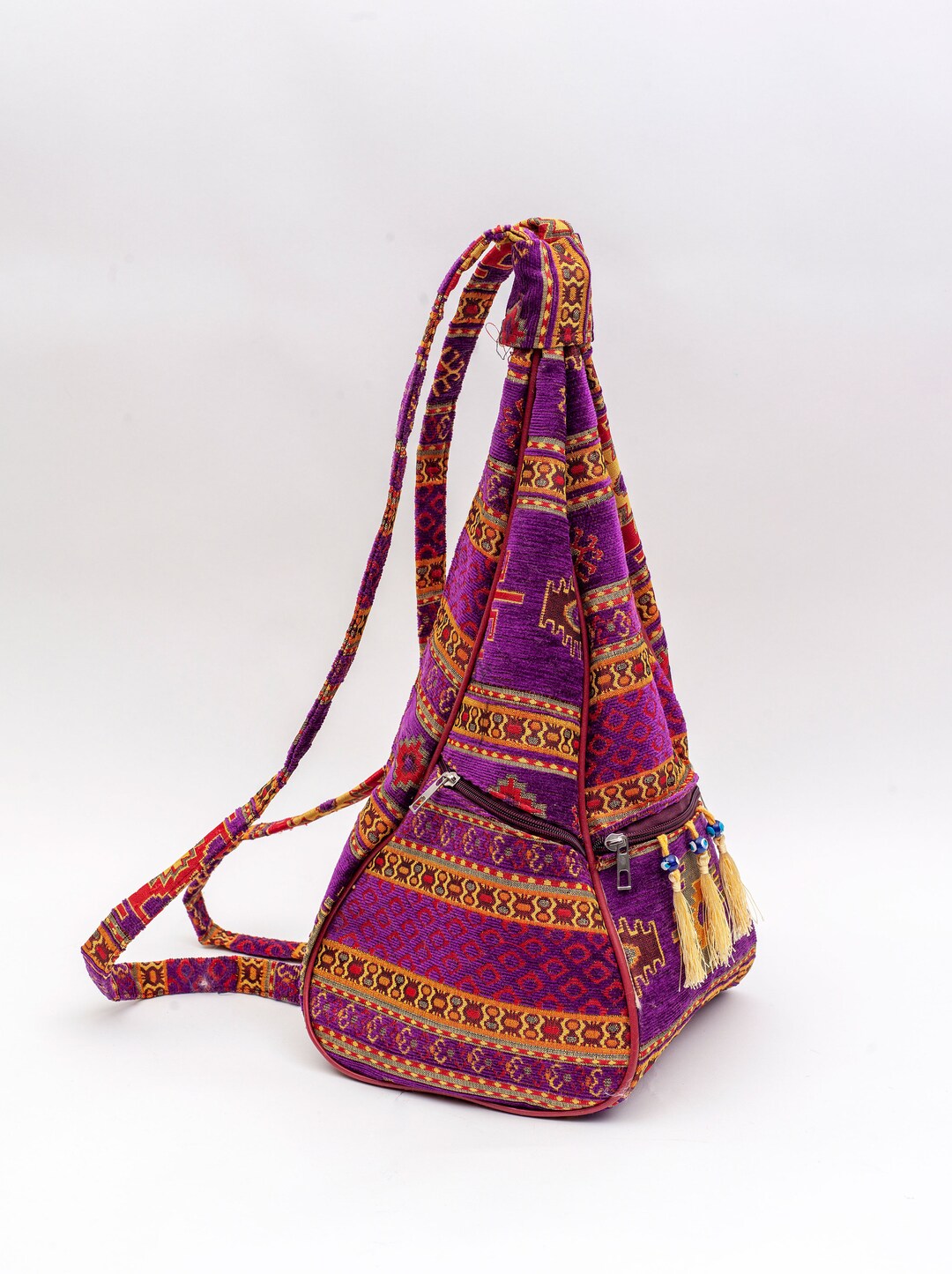 Kilim Fabric Backpack: Pear-shaped Turkish Bag With Tassels - Etsy