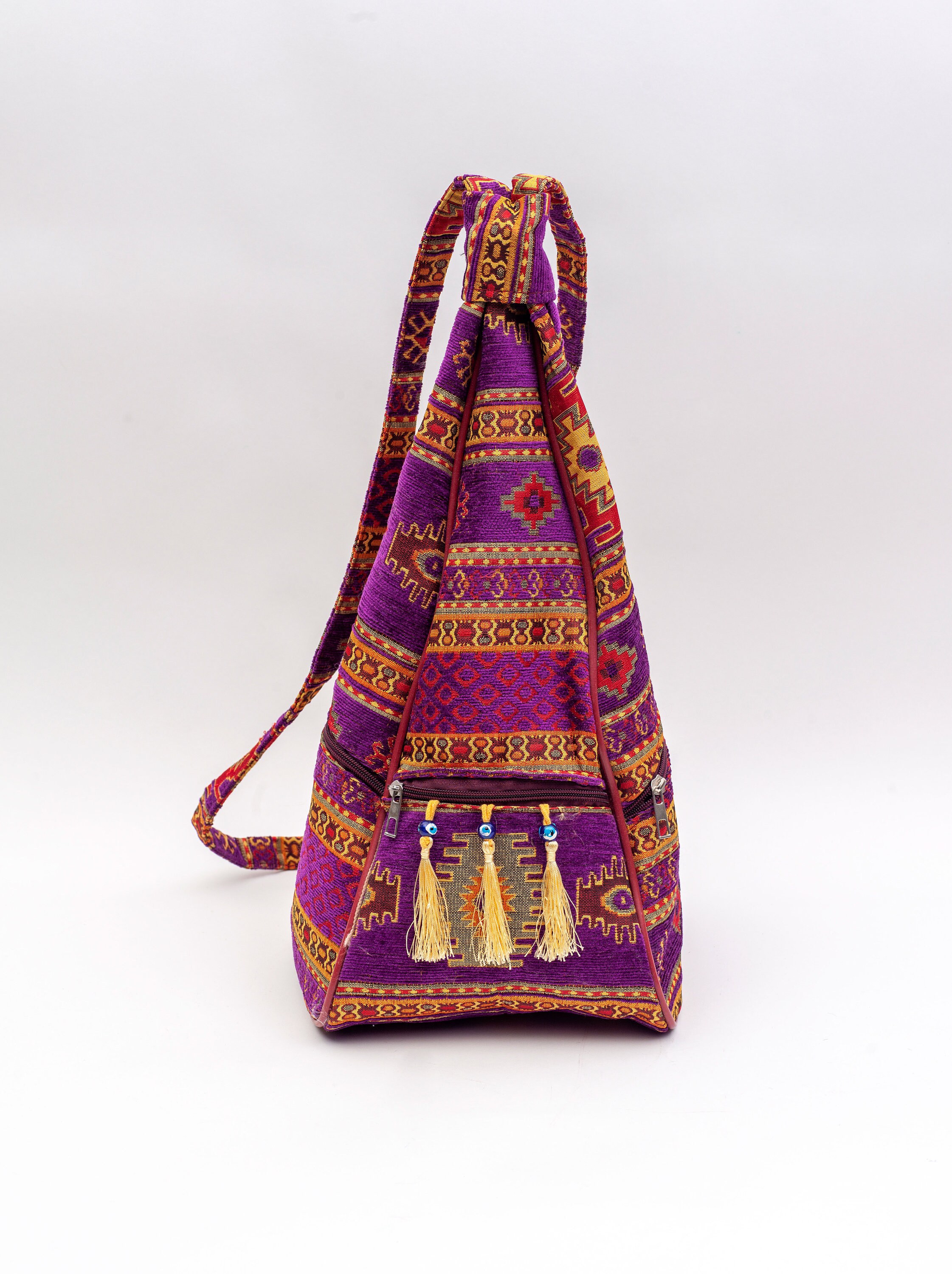 Kilim Fabric Backpack: Pear-shaped Turkish Bag With Tassels - Etsy