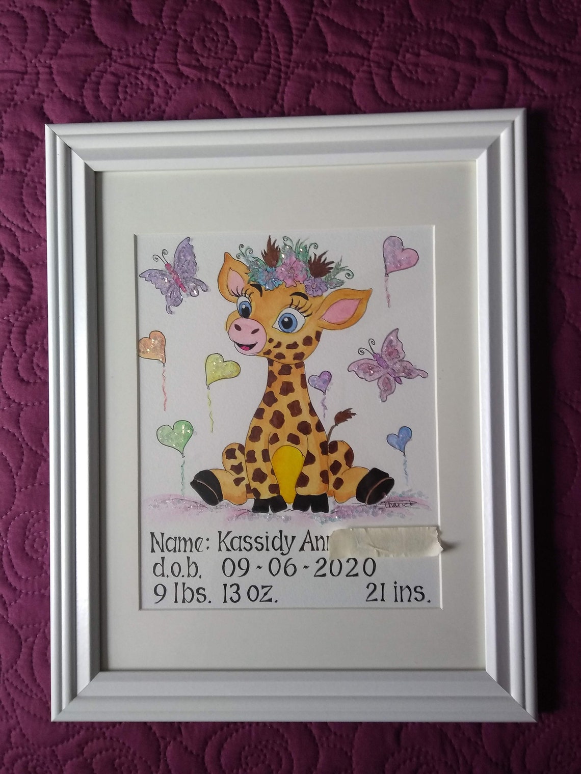 Hand painted watercolor framed picture baby birth keepsake - Etsy.de