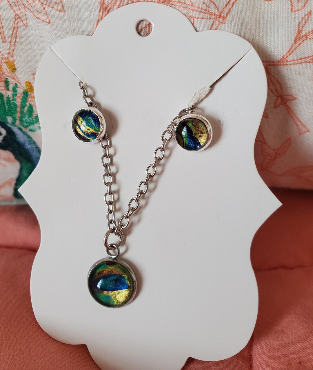 Custom Hand Painted Pendant With Silver Necklace and Stud Earrings - Etsy