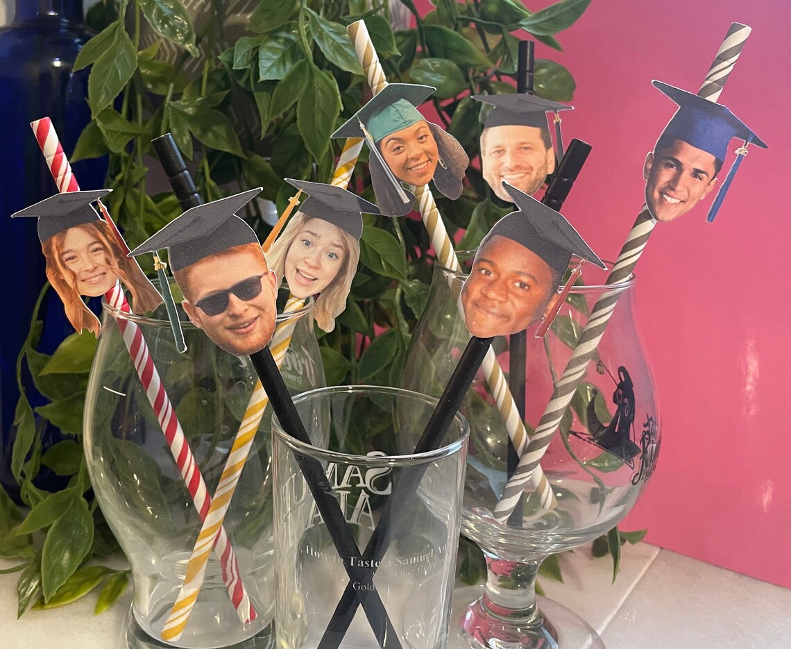 12 Custom Graduation Face With Cap Party Straws - Etsy