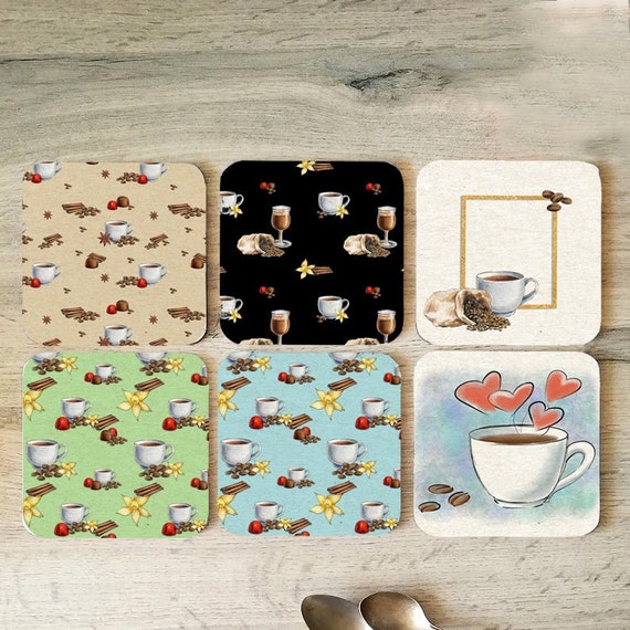 Coffee Pattern Coaster Set of 6 Drink Coasters Coffee Art Coasters Tea Coffee Table Mats Gifts Birthday housewarming Gift Etsy Ireland