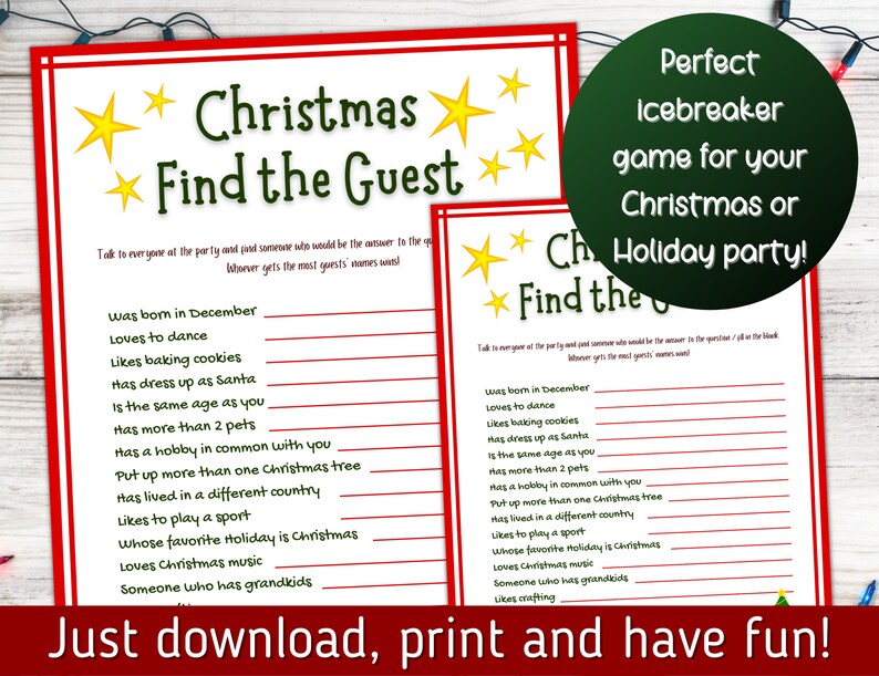 Christmas Find the Guest Game, Christmas Party Icebreakers, Holiday ...