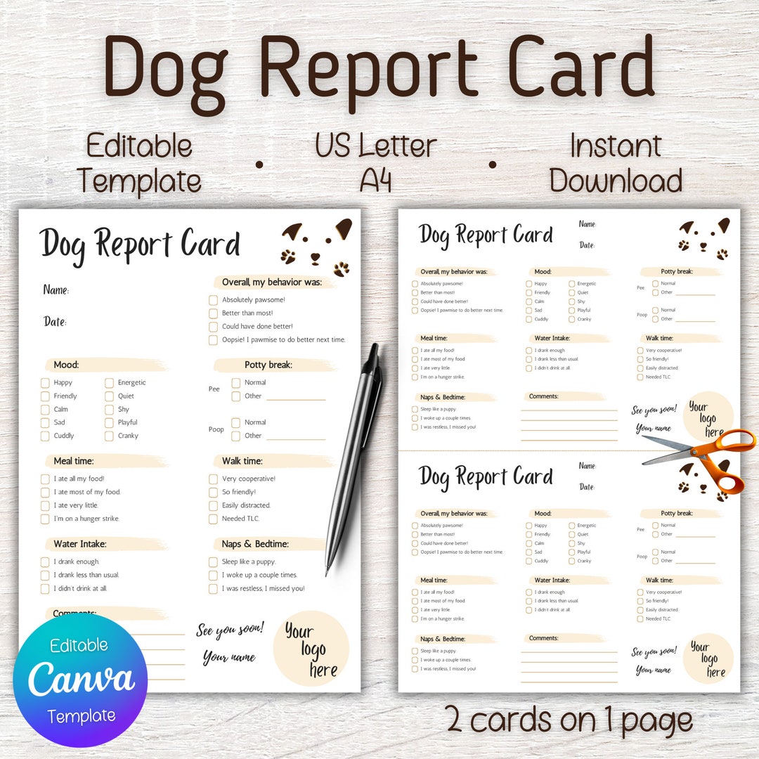 Editable Dog Report Card, Dog Report Card, Pet Report Card, Pet Sitting ...