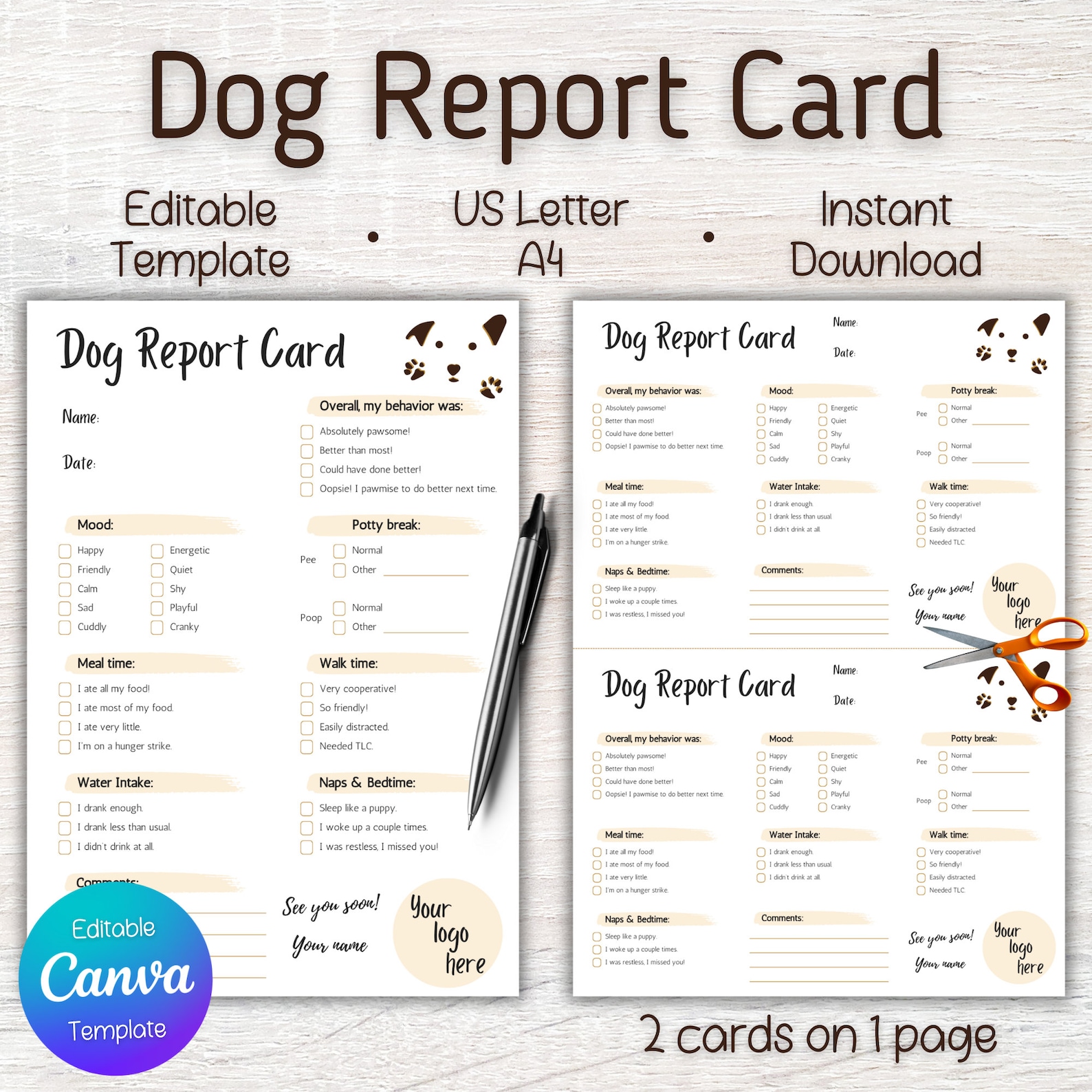 Editable Dog Report Card, Dog Report Card, Pet Report Card, Pet Sitting ...