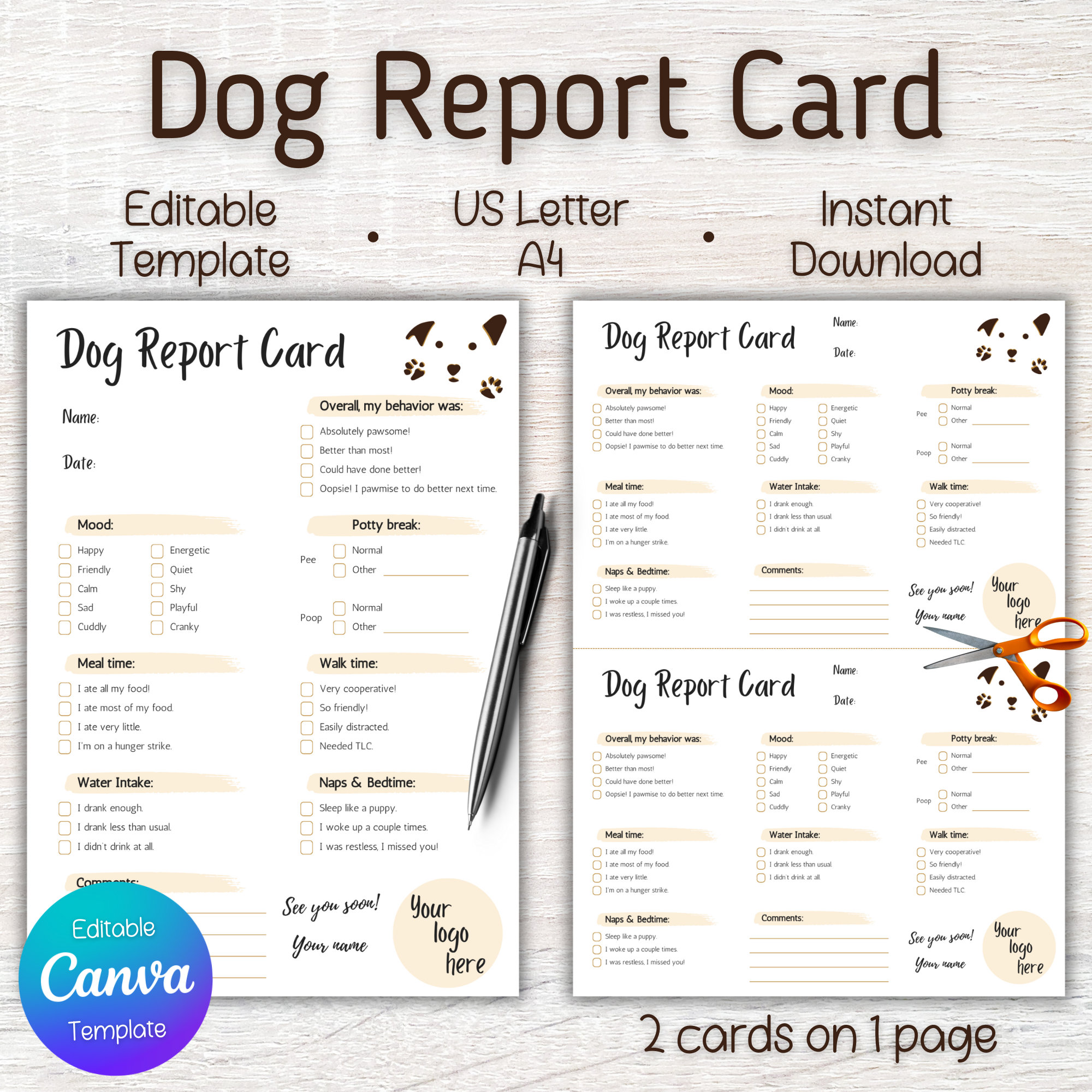 Editable Dog Report Card, Dog Report Card, Pet Report Card, Pet Sitting ...