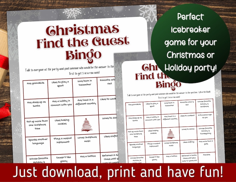 Christmas Find the Guest Bingo, Christmas Party Icebreakers, Holiday ...