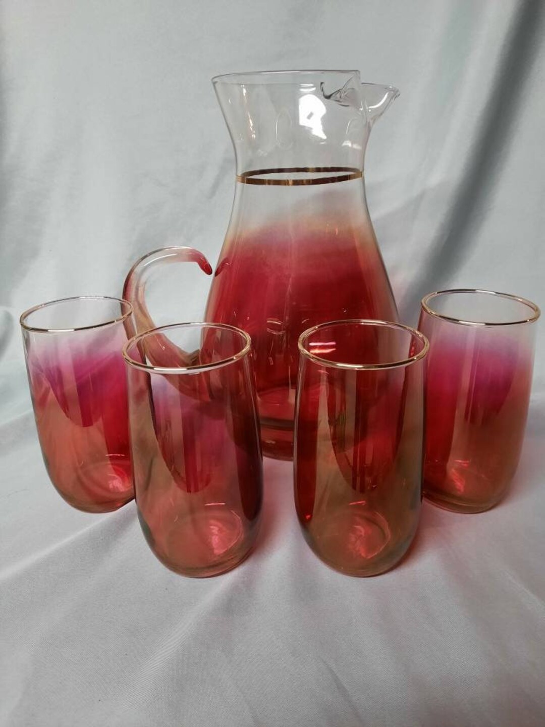 West Virginia Glass Pitcher and Tumbler Set, Cranberry Colored Glass ...