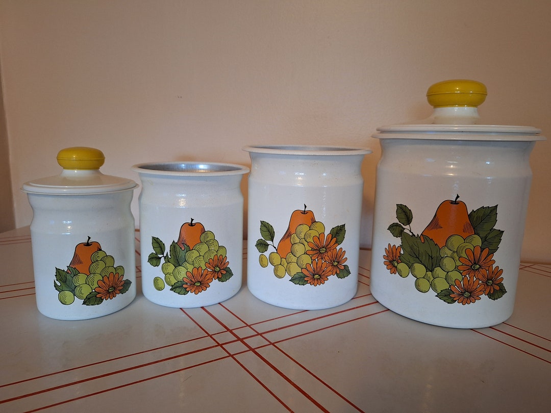 70s Chromex Canister Set, Fruit Themed Canisters, 70s Kitchen Decor ...
