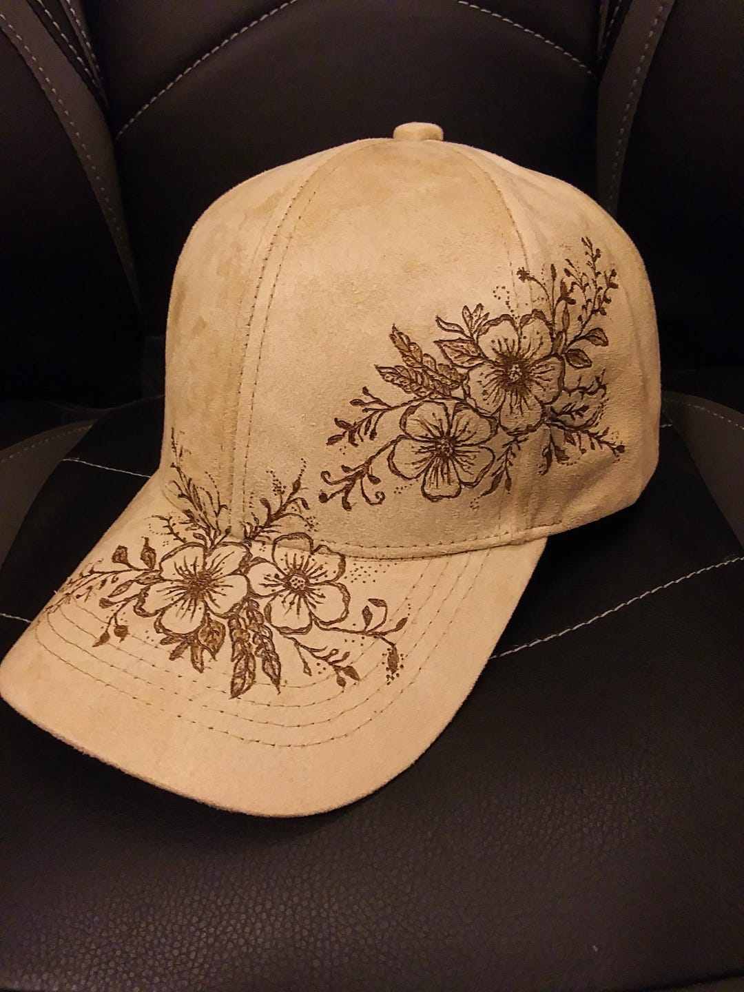 Burned Suede Baseball Cap | Burned Floral Hat | Burned Ball Cap | Tan ...