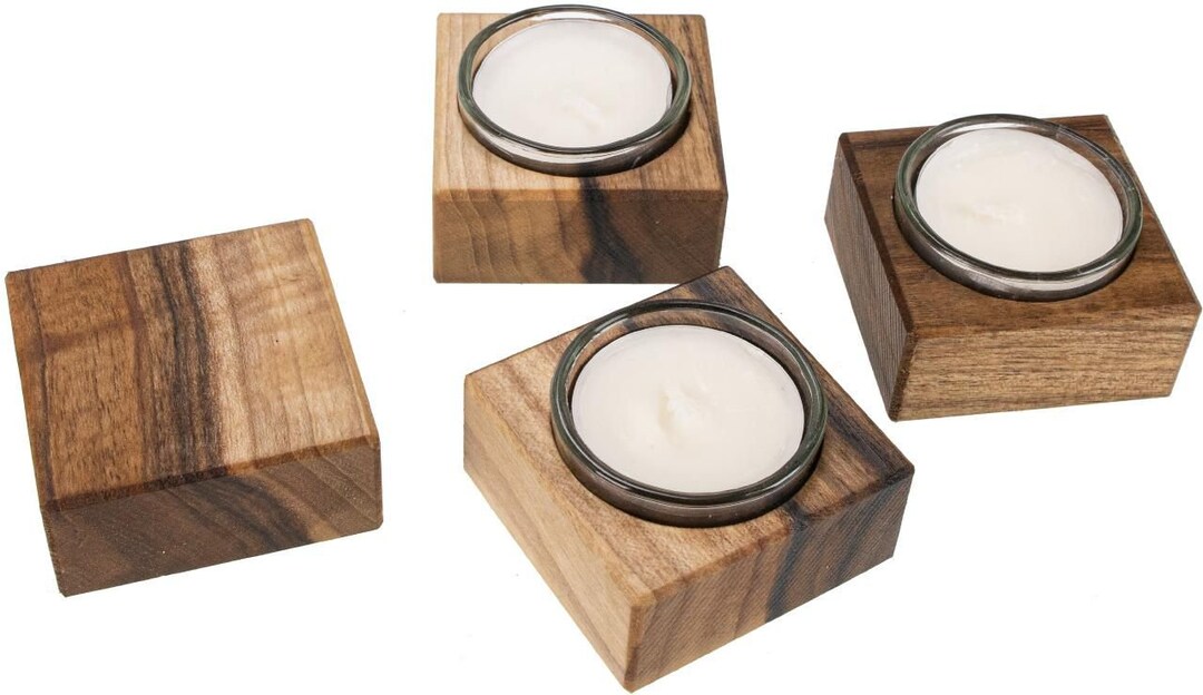 4pcs Tealight Set Made of Oiled Walnut Incl. Glass Insert and Tealight ...