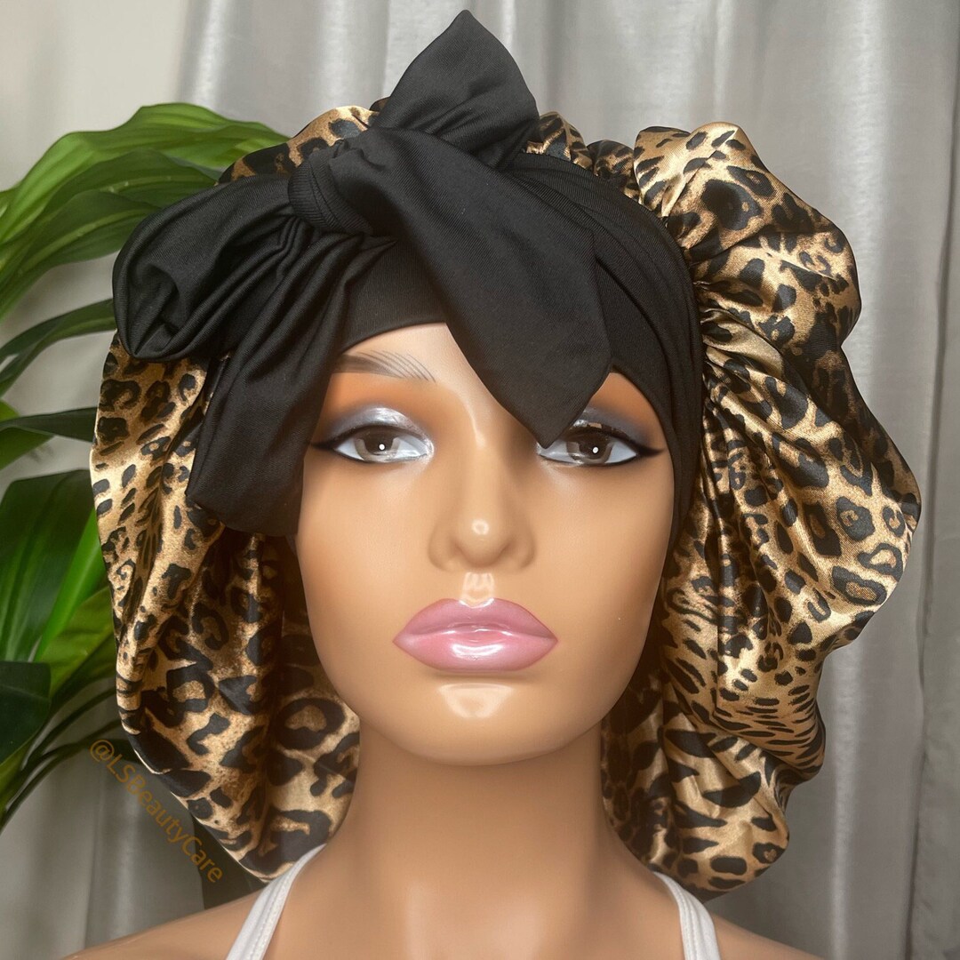 Leopard Large Double-layer Stretch Tie Satin Bonnet With - Etsy