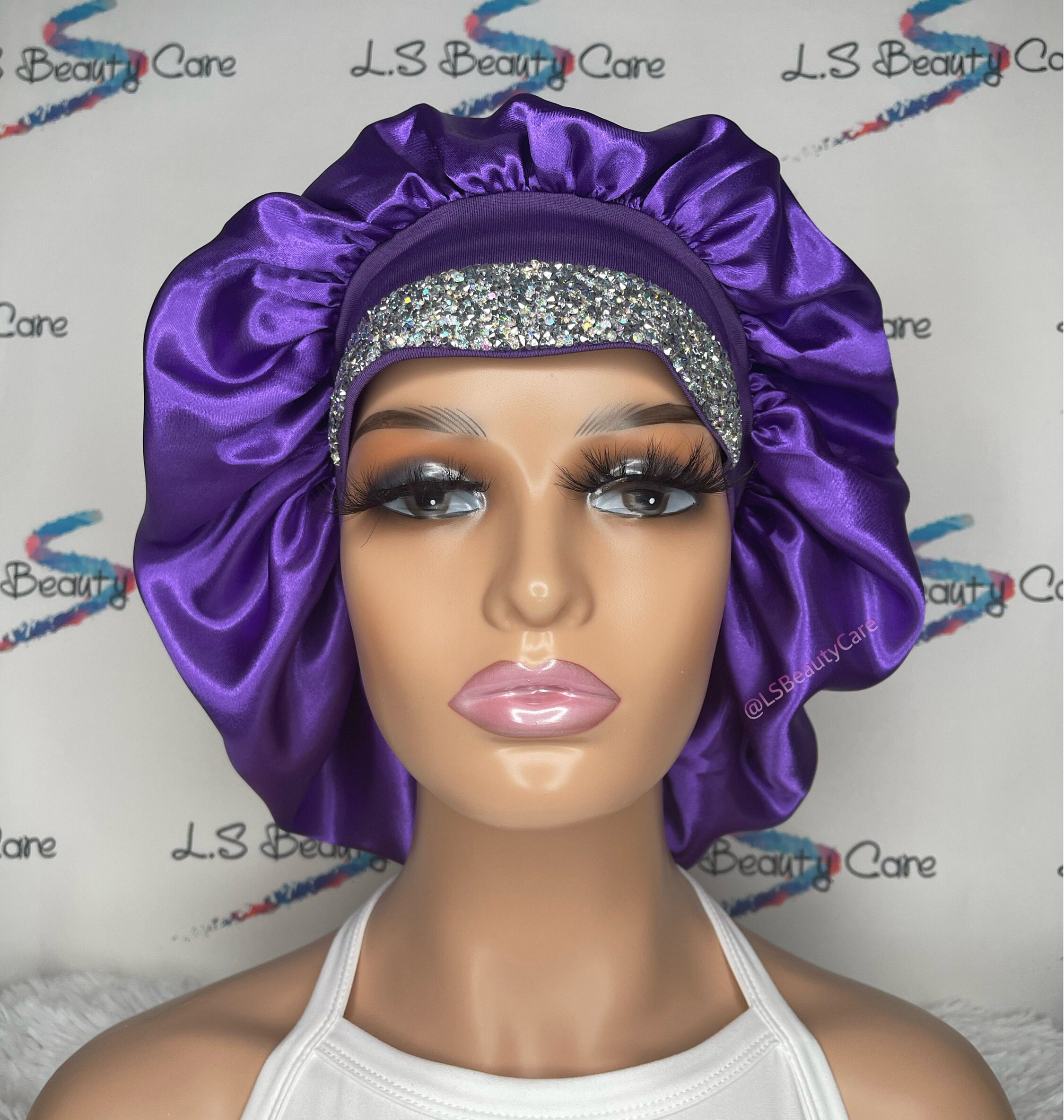 Satin Bling Bonnet With Soft Wide Fiber Band | Double Lined | Purple ...