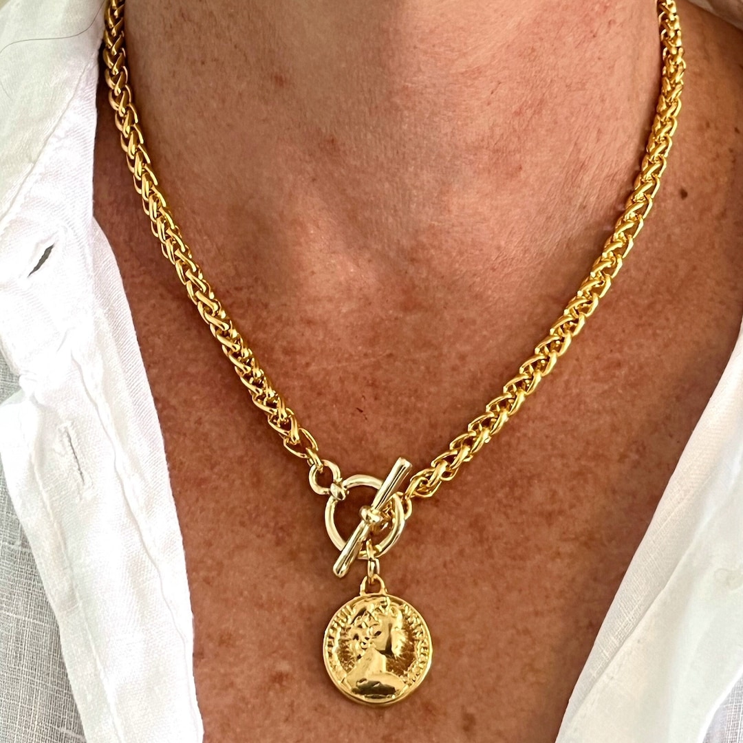 Toggle Necklace With Gold Coin, Gold Toggle Necklace, Gold Chain ...