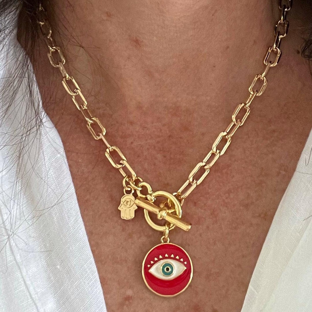 Gold Toggle Necklace With Evil Eye Pendant, Evil Eye Necklace, Gold ...