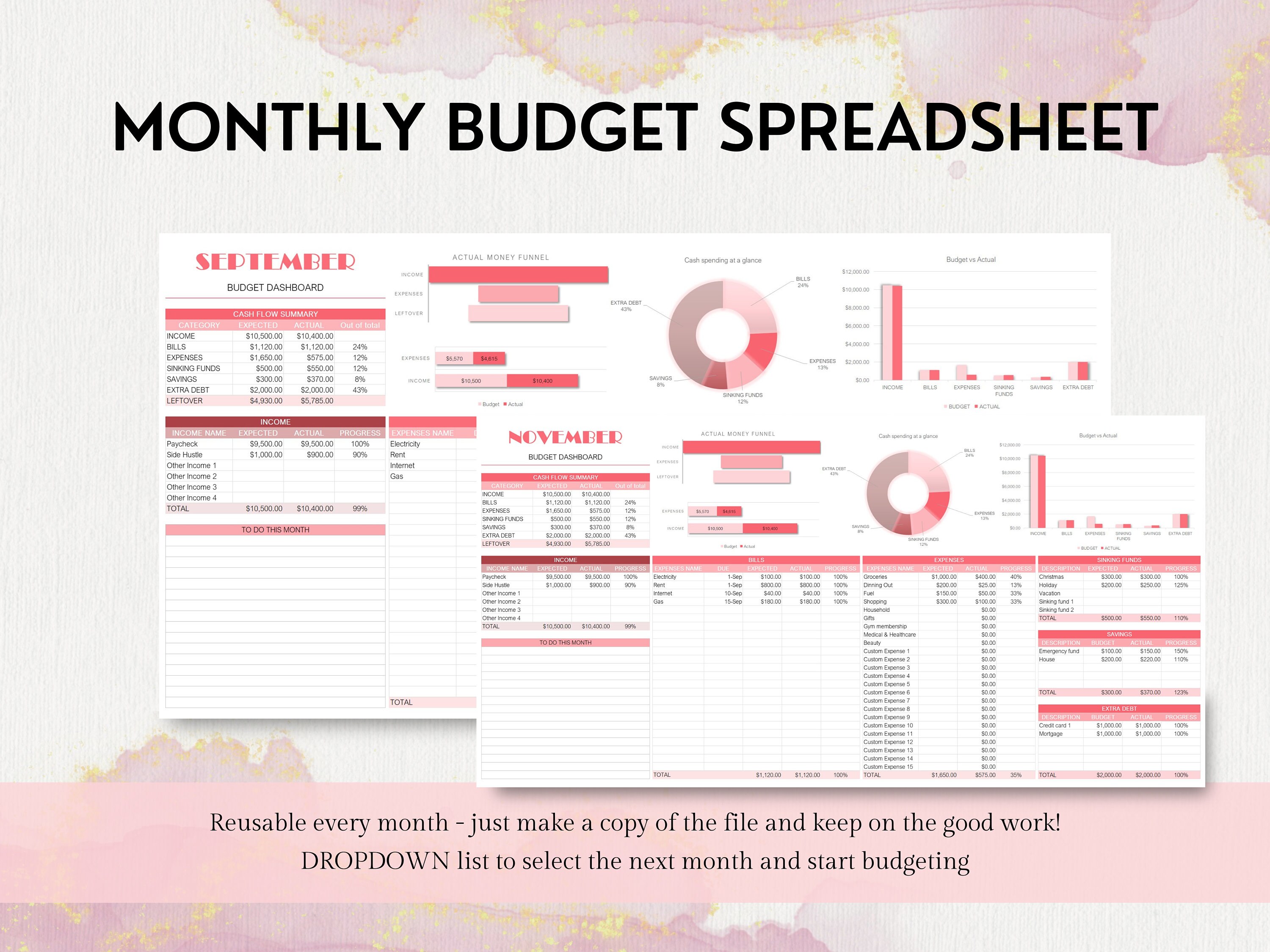 Monthly Excel Budget Spreadsheet Planner Template Finance Tracker ...
