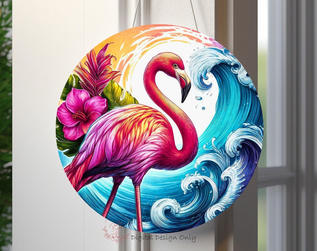 Flamingo Sublimation Door Hanger PNG Design, Beach Sign 12 Inch Round ...