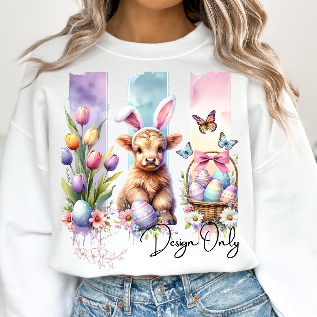 Easter Highland Cow PNG: Bunny Ears, Eggs Sublimation Design (digital ...