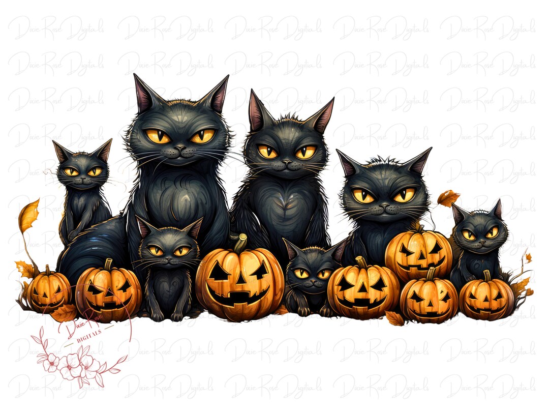 Halloween Black Cats, Jack-o-lantern Pumpkins, Gothic, PNG Design ...
