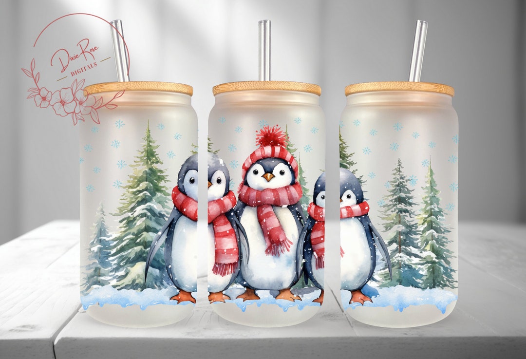 Christmas Penguins 16 Oz Libbey Glass PNG, Can Wrap Sublimation PNG ...