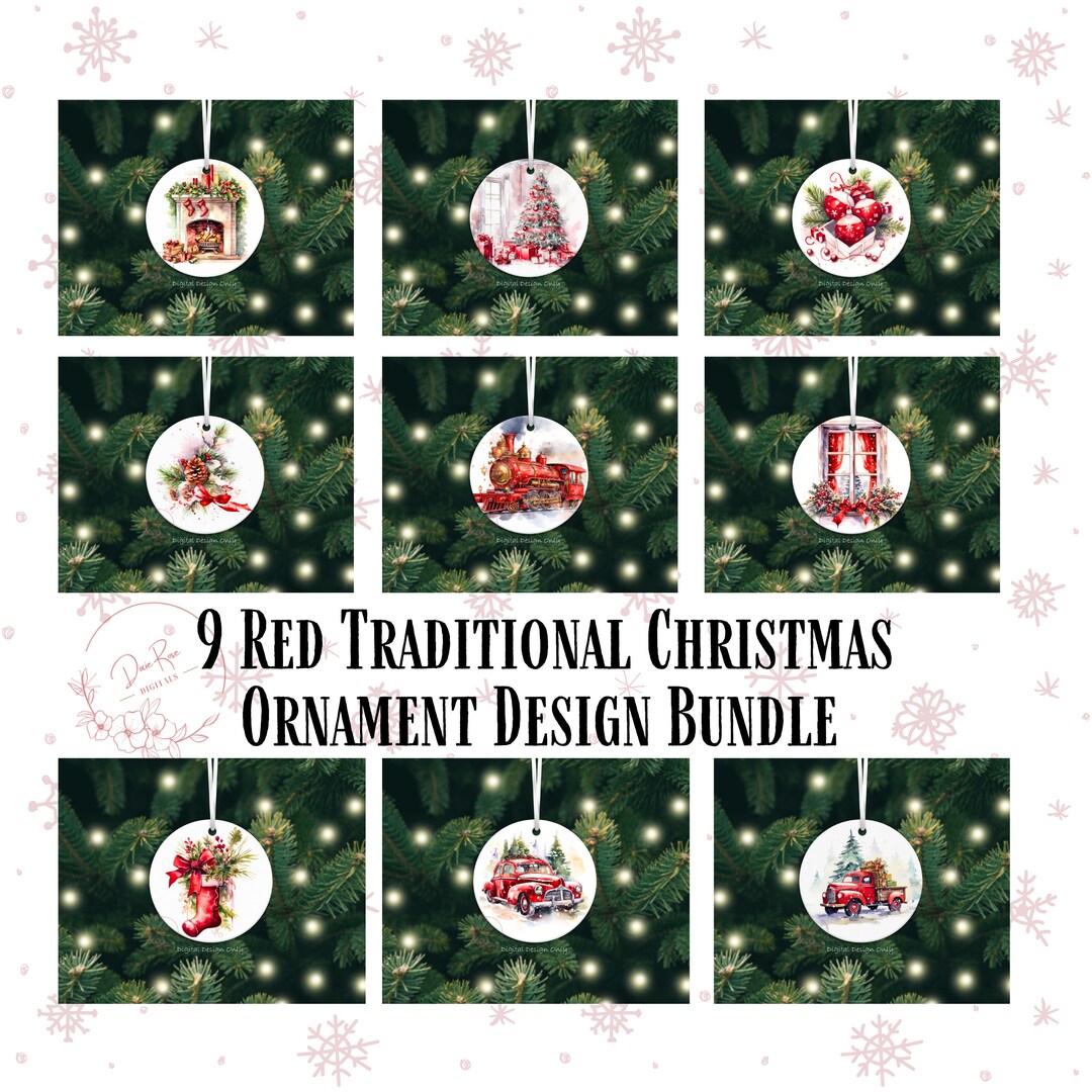 Red Traditional Round Christmas Ornament PNG Bundle, Sublimation ...