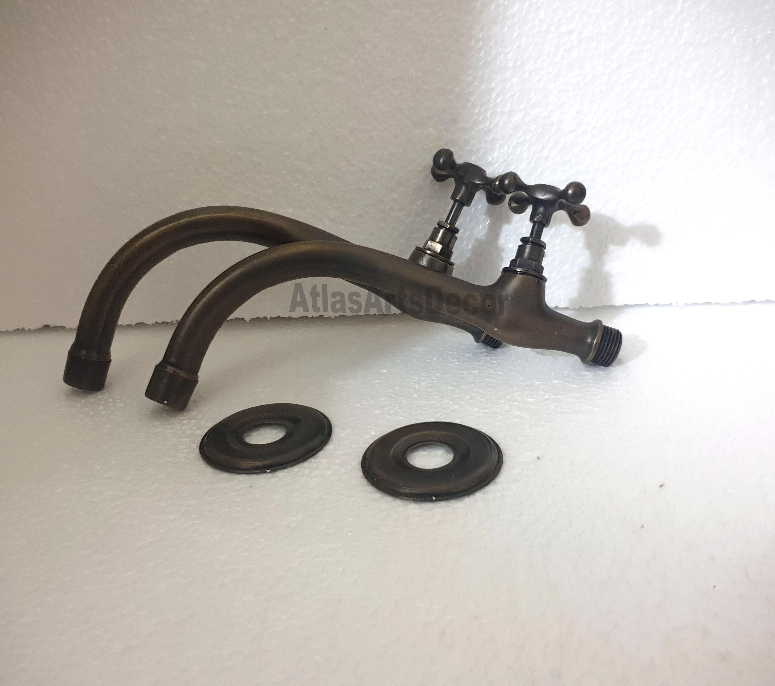 Set up Two Brass Patina Finish Wall Mounted Faucets - Farmhouse Faucet ...