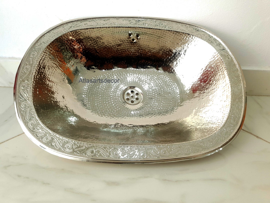 Oval Solid German Silver Sink, Bathroom Vanity Vessel Sink, Engraved ...