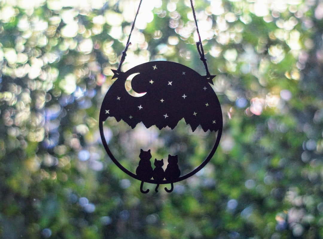 Three Cats and the Crescent Moon Silhouette Art | Black Cat Moon and ...