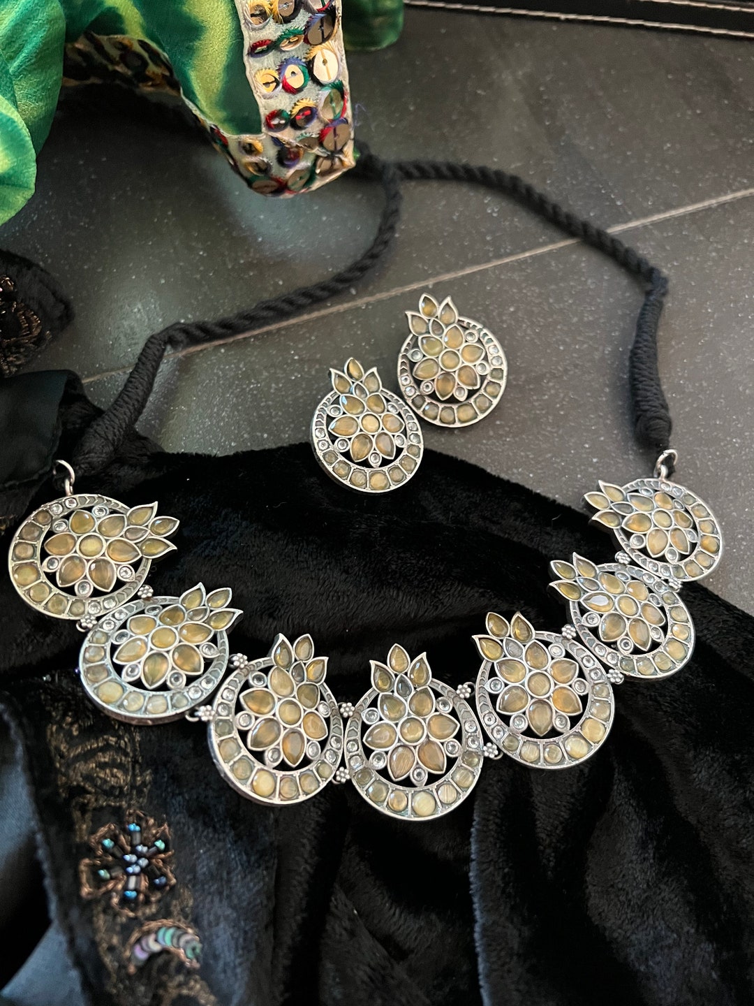 Antique Stone Choker Necklace With Studs / Fusion Jewellery/ - Etsy