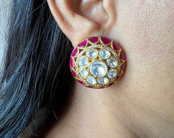 Silver Moissanite Polki With Hydro Ruby Chips Earring Moissanite Polki Kundan Earring Indian ...