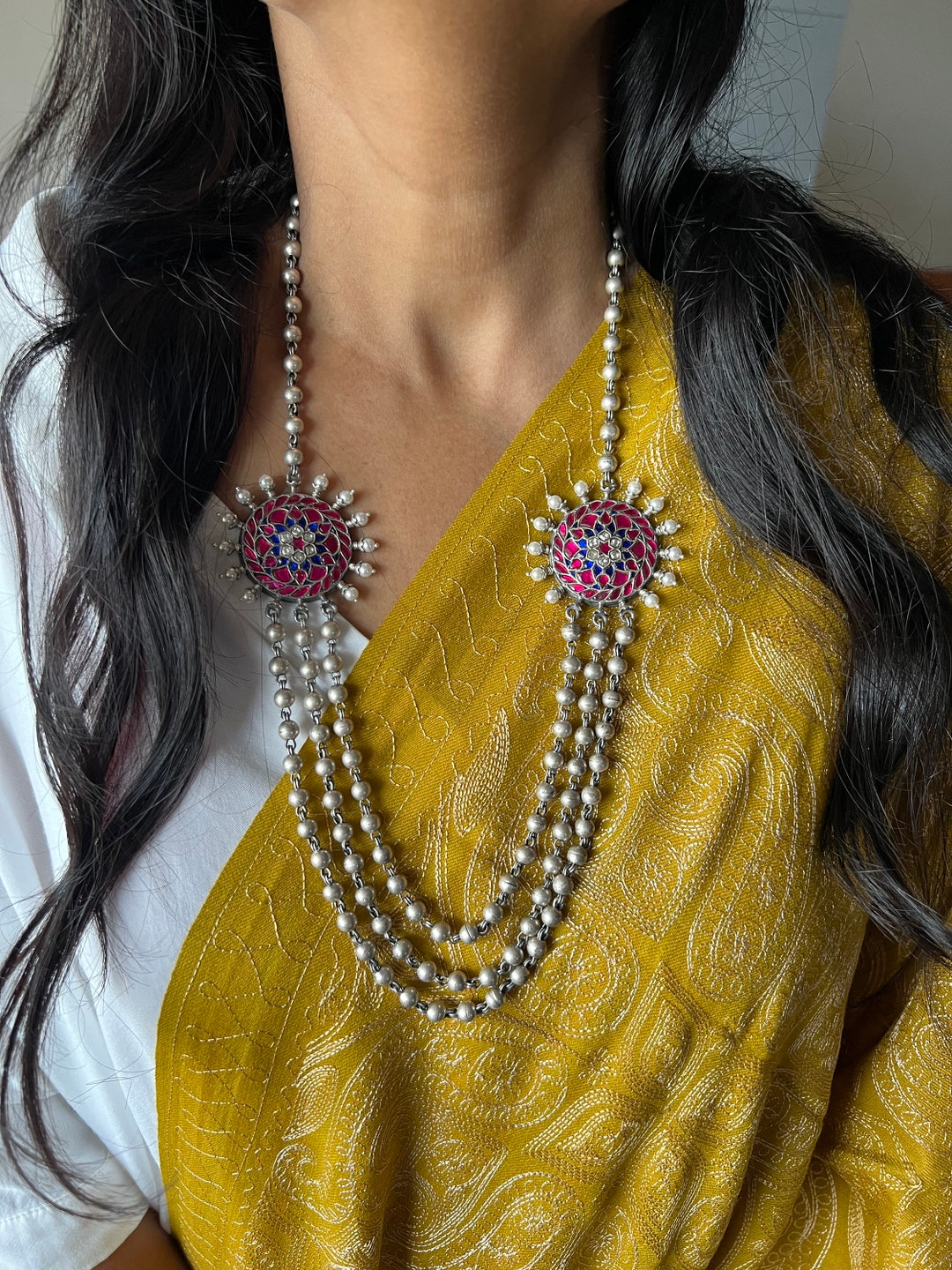 SHIVKA Pure 925 Silver Kundan Double Brooch Necklace/ Handcrafted ...