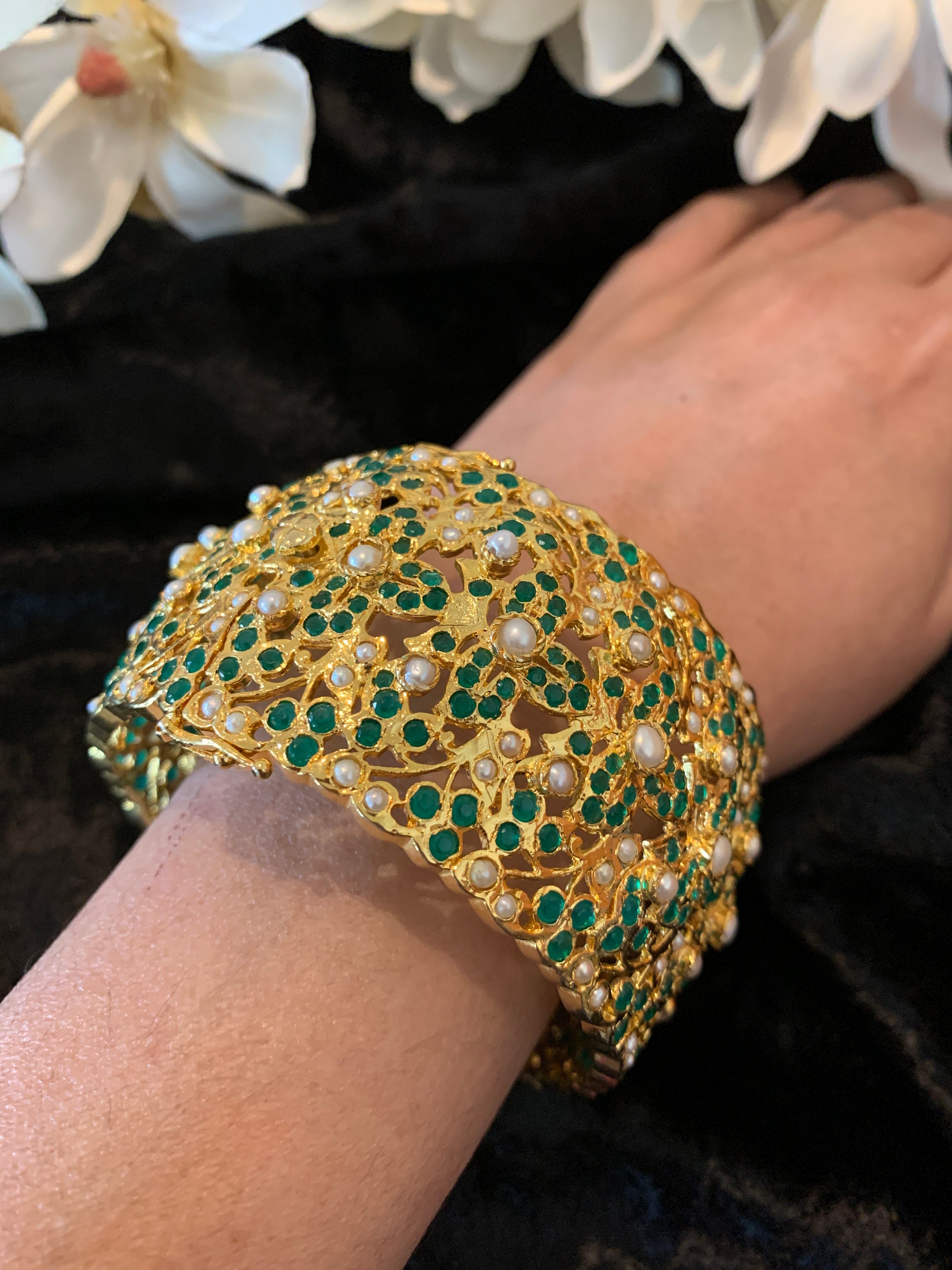 Iman Thick Gold Plated Indian Bangles With Pearls Polki Bracelets