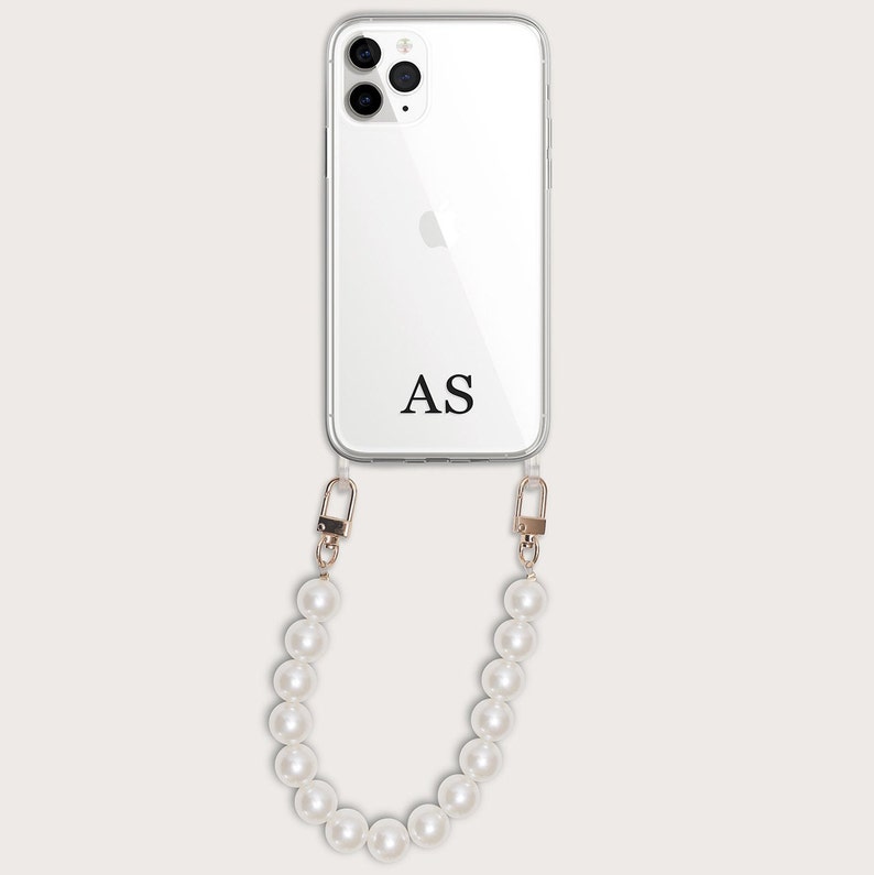 Personalized Clear iPhone Case With Chain, Phone Strap Pearl Case, Gold ...