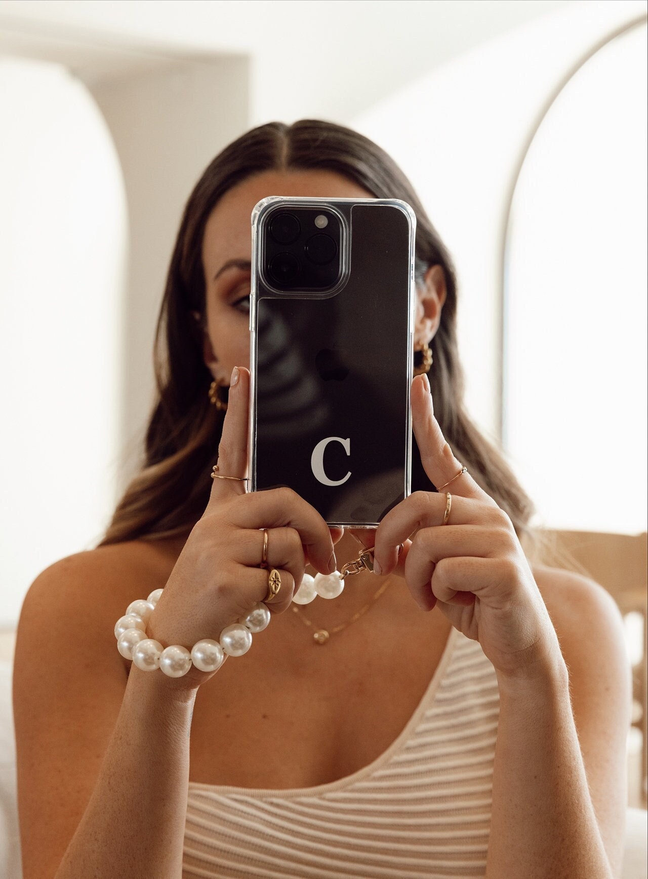 Personalized Clear iPhone Case With Chain, Phone Strap Pearl Case, Gold ...