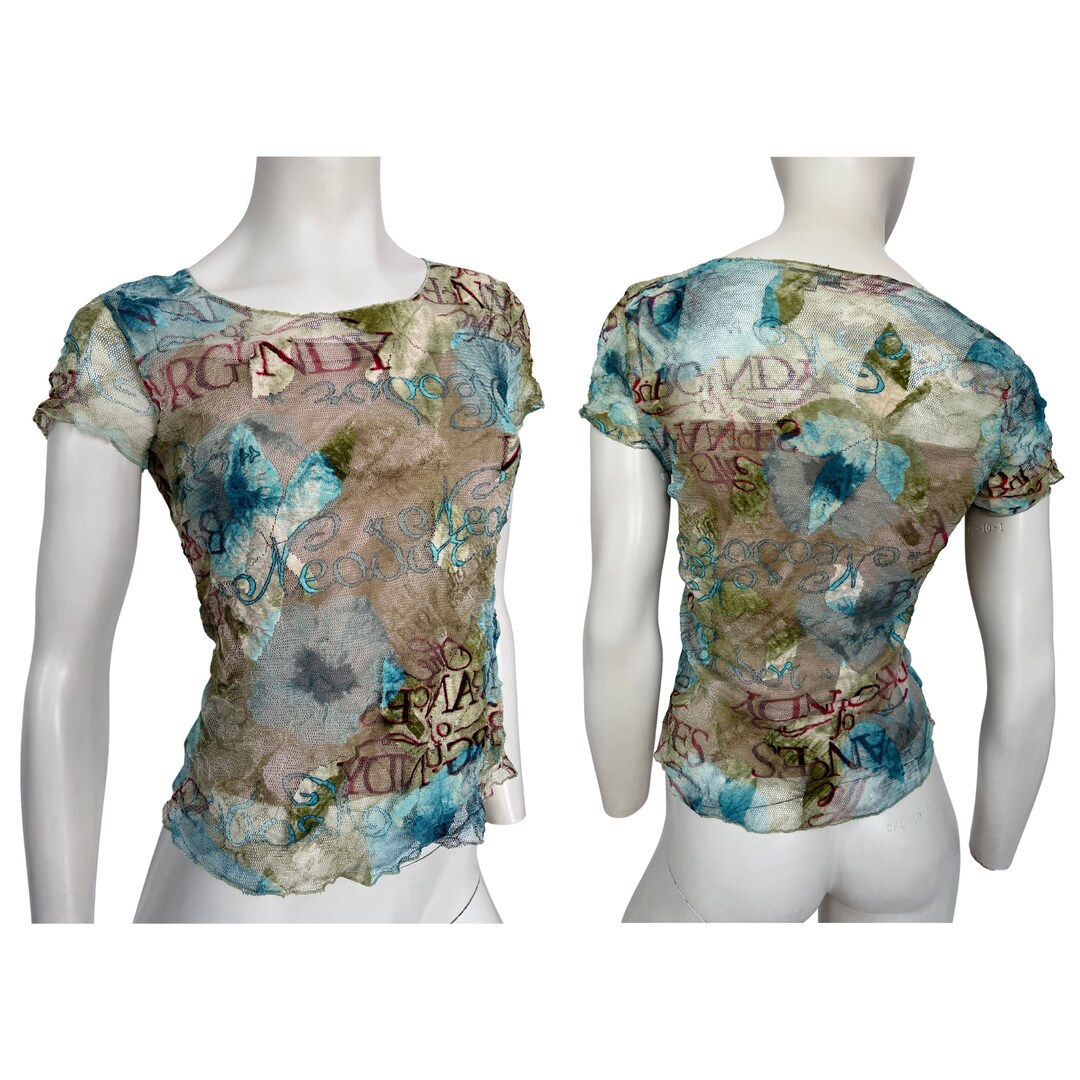 90s Y2K Mesh Top, Crinkle Blouse, Layered Mesh Top, Textured Mesh Top ...