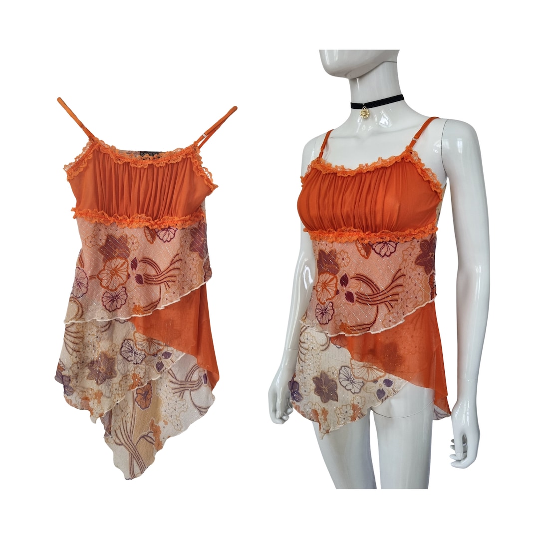 Y2k Orange Silk and Mesh Babydoll Cami Top, Asymmetric Layered Top, Hanky Hem Top, Silk Tunic ...