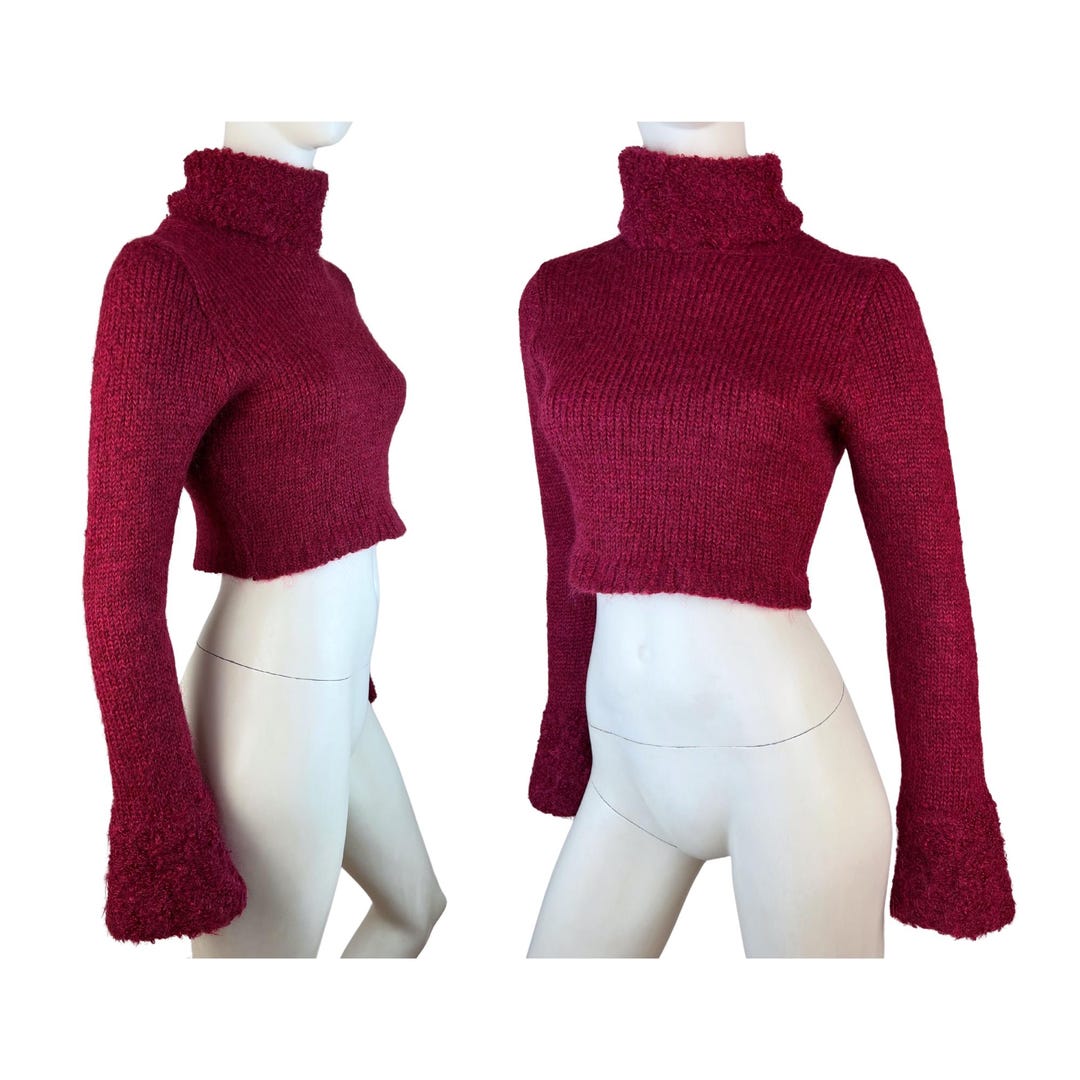 Y2k Burgundy Mohair Wool Bell Sleeve Crop Sweater, 2000s Vintage ...