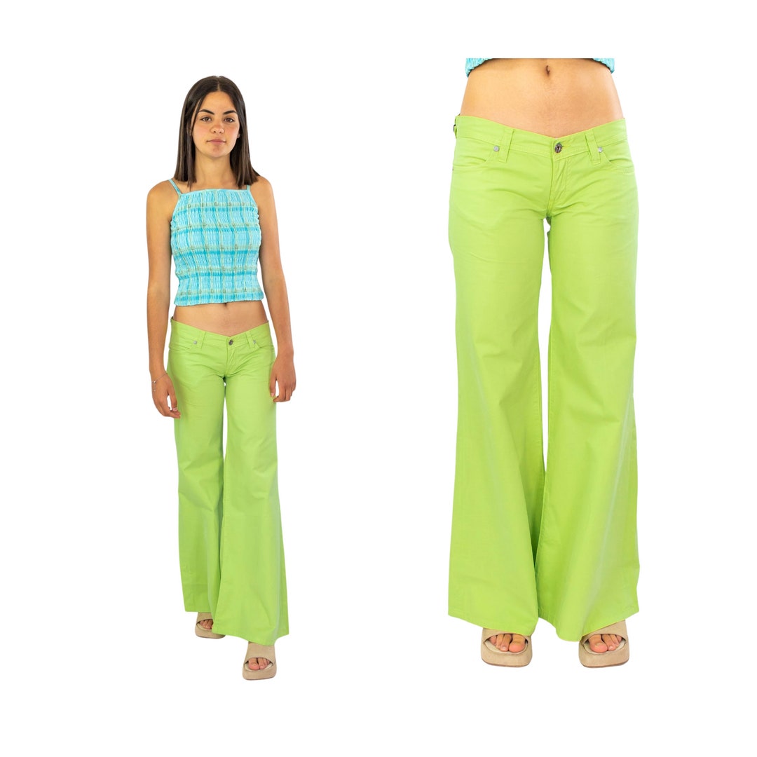 Y2k Low Rise Flare Pants, Wide Leg Flares, Green Flare Pants, Low Waist ...