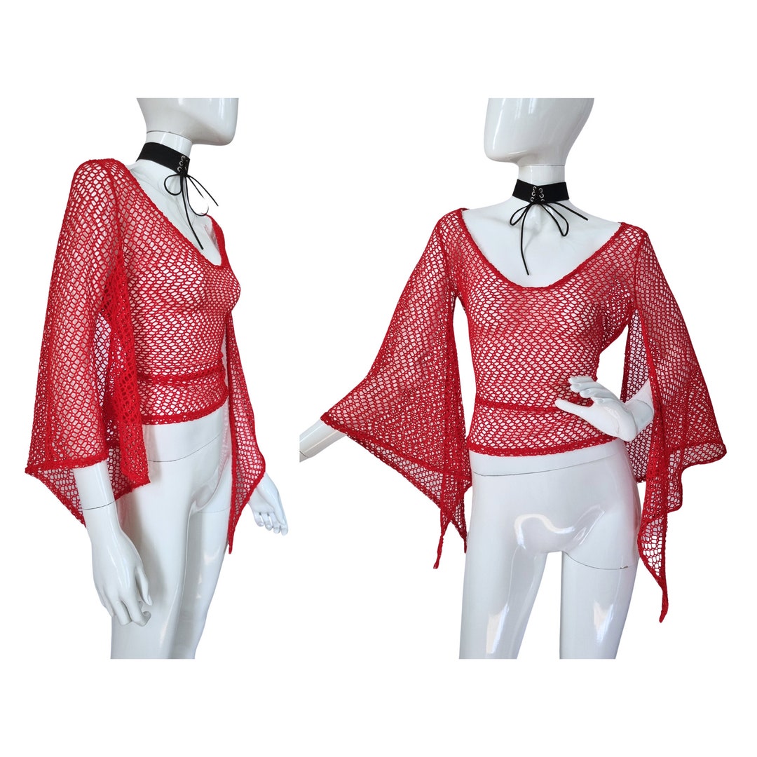 Y2k Fishnet Crop Top, See Through Top, Bell Sleeve Top, Mesh Crop Top ...