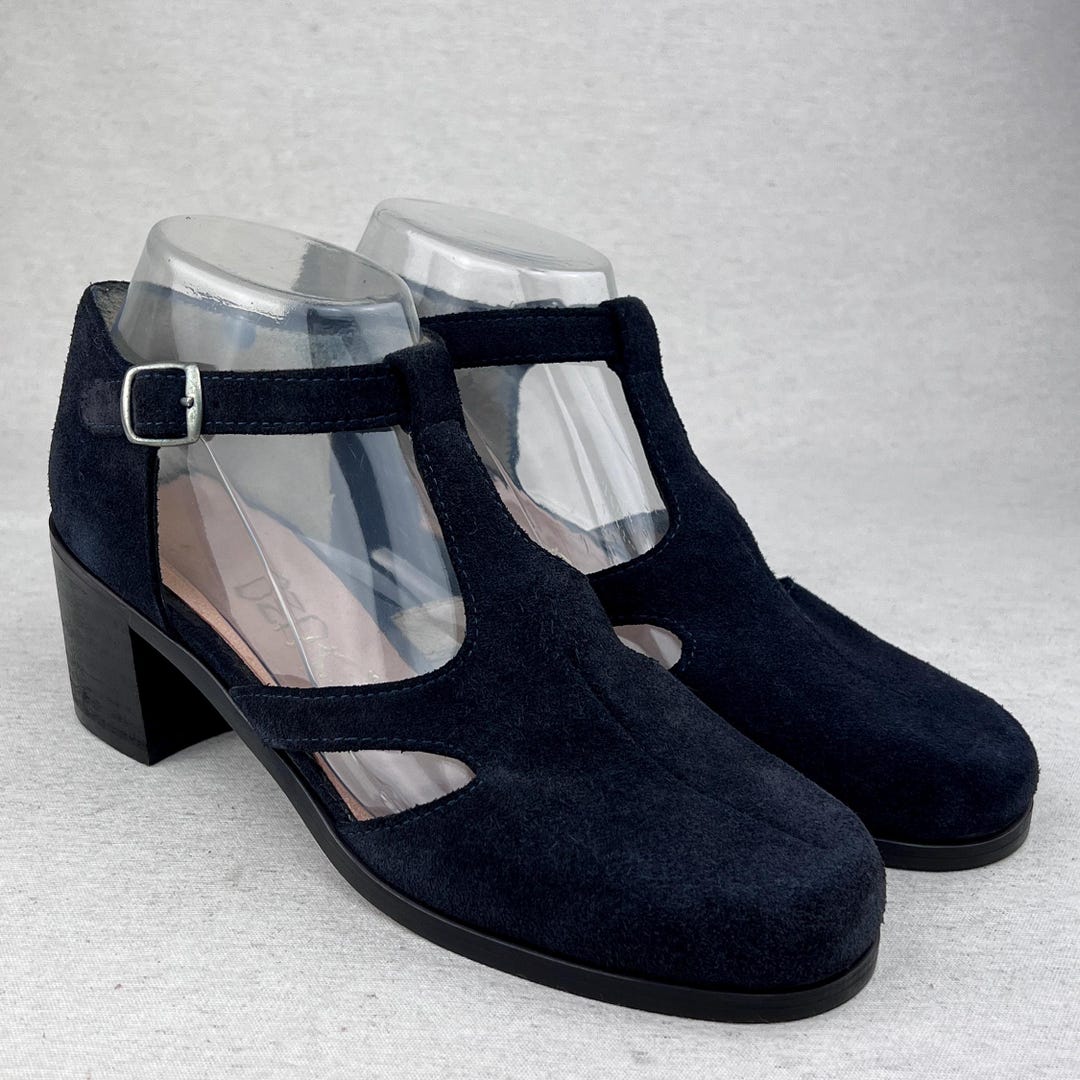 90s Deadstock Blue Suede Square Toe T-bar Mary Janes Chunky Block Heels ...