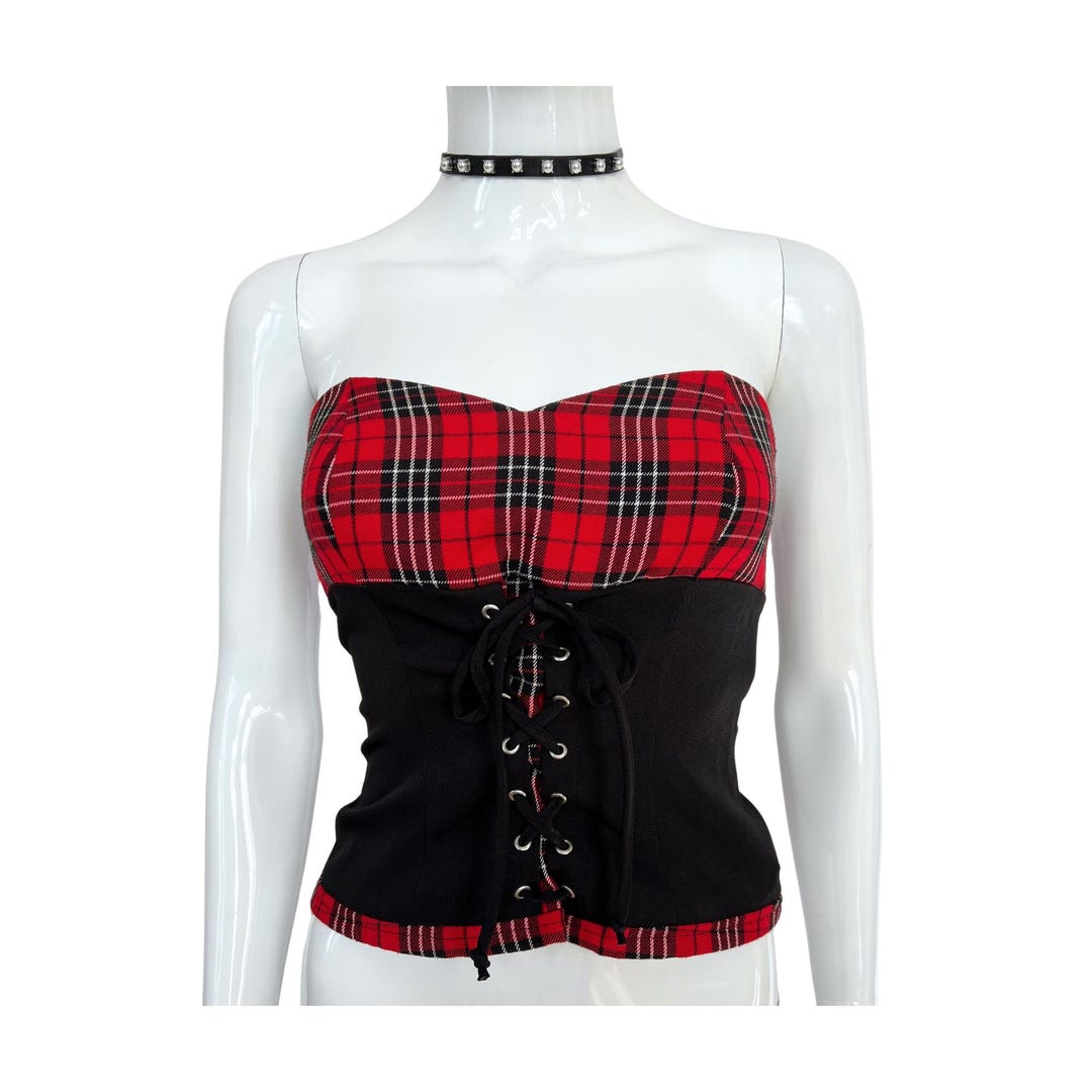 Y2k Vintage Red Tartan Plaid Corset, Lace up Front Plaid Bustier, Checkered Corset Top - Etsy