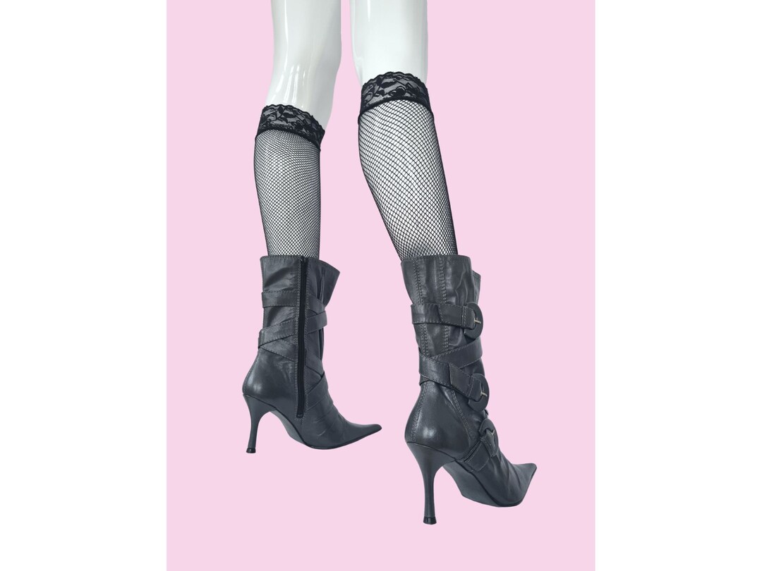 Y2K Grey Leather Pointed Toe Boots, High Heel Boots, Y2K Boots Heeled ...